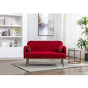 Small Velvet Couch, 55" Accent Sofa, Mid Century Modern Velvet Fabric Couch, Recliner Couch Accent Sofa Loveseat Sofa with Metal Feet, 600 Pounds Weight Capacity (Red, 55")