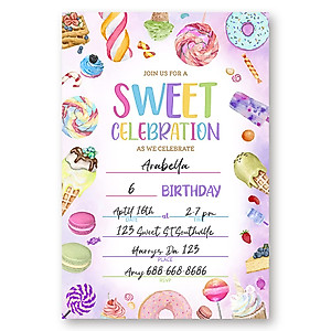 LoaHak Sweets Candy Birthday Invitations, Sweet Celebration Birthday Invitation, Sweets Candy Theme Birthday Party Invitation Cards. (068)