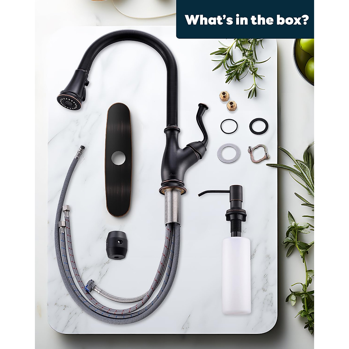 APPASO Oil Rubbed Bronze Kitchen Faucet with Soap Dispenser, Stainless Steel Kitchen Faucet with Pull Down Sprayer 3-Function High Arc Single Handle Bronze Kitchen Sink Faucet