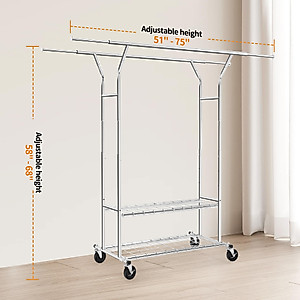 Rengue Double Clothing Garment Rack Heavy Clothes Duty Rolling Clothing Racks for Hanging Clothes Load 650lbs Portable Clothes Rack with Wheels Collapsible Commercial Garment Rack with 2 Storage Racks
