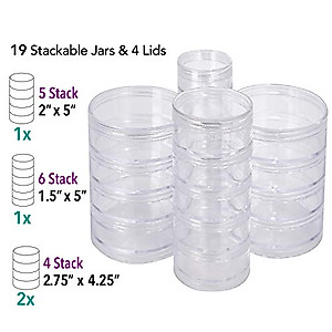 The Beadsmith – Stack Jar 4-Piece Assortment – 2 x 4 Stack, 1 x 5 Stack, 1 x 6 Stack, Pill containers, Empty Pot Jars, refillable Cosmetic containers, Small Plastic Organizers