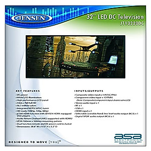 Jensen JTV3220DC 32" Inch Full HD 1366 x 768 LED Television with Integrated HDTV ATSC Tuner HD Ready 1080p, 720p, 480p, 2x HDMI Inputs, JCOM & CEC Function, VESA 100mm x 100mm Mounting Pattern, 12V DC