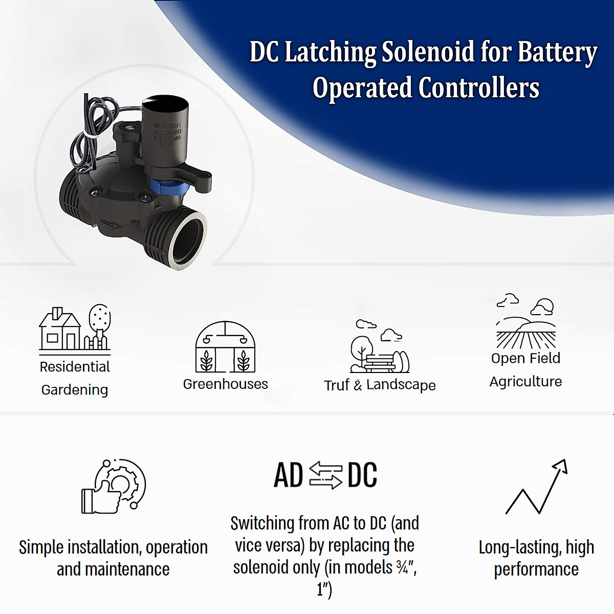 Galcon YLZ 3/4 Inch Sprinkler Valve with S1602 DC Latching Solenoid for Battery Operated Controllers with Reinforced NBR 2-Way Female Inline Hose Sprinkler Valve for Gardens, Lawns, Greenhouses.