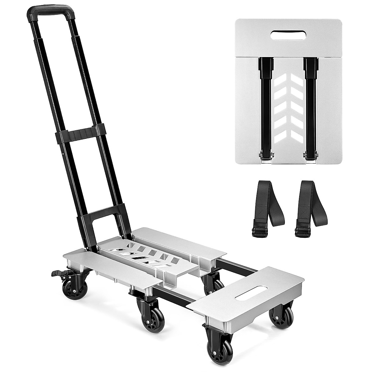 KEDSUM Aluminum Panel Folding Hand Truck Dolly, 90 & 135° Foldable Dolly Cart, Heavy Duty Luggage Cart, Platform Cart Utility Cart with 6 Wheels & 2 Lashing Straps for Moving, Travel, Shopping Use