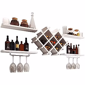 Wine Rack Wall Mounted, Wall Mount Wine Rack with Wine Glass Holder, Wall Holder White Floating Wine Shelf Holder with 8 Wine Bottle Holders for Home Kitchen