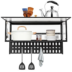 Wall Kitchen Cabinets, Metal Wall Cabinet, Aluminum Alloy Translucent Wall Cabinet with Plus Five Hooks, Flip-Up Glass Door Wall Cabinet Wall-Mounted Locker, (55lbs Capacity, 33.5*11*11.8in)
