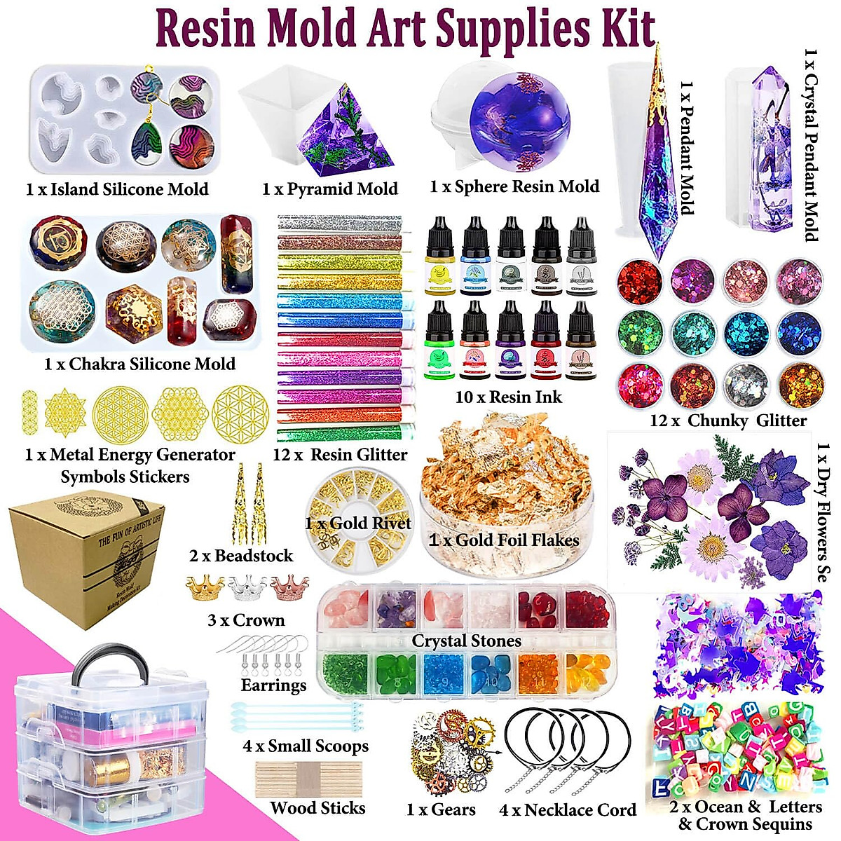 Resin Mold Kit for Beginners - 125pcs with Sphere, Pyramid, Earring Necklace Molds and Epoxy Resin Supplies/Resin Ink/Dried Flowers for Epoxy Resin Making