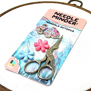 Awesome Pattern Studio Needle Minder Set - Mandala Octopus Magnetic Needle Minder + 2 Needle Threaders + Crane Scissors. Enamel Pin for Cross Stitch, Embroidery and Craft