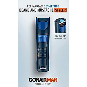 ConairMAN Cordless Beard & Mustache Trimmer for Men, 39 Total Settings with Hair Collector