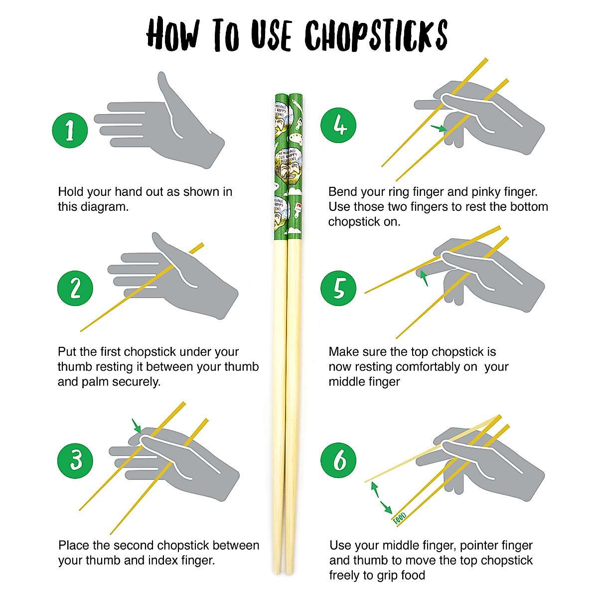 GAMAGO Bob Ross Bamboo Chopsticks Set - 4 Pairs of Adorably Cute Reusable Chop-sticks - Easy Grip, Lightweight, Durable, 9.25 Inches