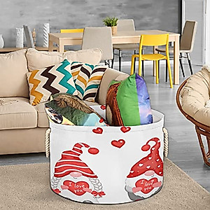 Valentine Cute Gnomes Love Heart (11) Large Round Baskets for Storage Laundry Baskets with Handles Blanket Storage Basket for Bathroom Shelves Bins for Organizing Nursery Hamper Girl Boy