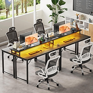 Hyomdeck Computer Desk with USB Power Outlets and LED Lights, 47 inch Gaming Desk with Monitor Stand for Small Space Home Office, Modern Simple Study Writing Table PC Desks, Black