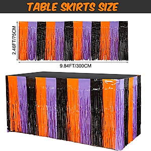 Jexine 6 Pack 9.84 ft Halloween Day Table Skirts Happy Halloween Table Foil Fringe Orange Purple Black Tinsel Table Skirt Metallic Fringe Table Decorations for Tables Supplies(Purple, Orange, Black)