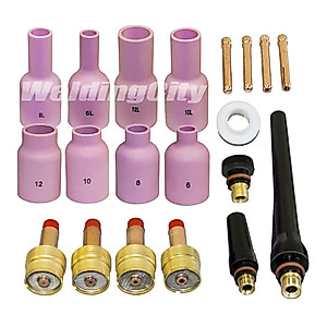 WeldingCity 20-pcs TIG Welding Torch Accessory Kit .040"-1/16"-3/32"-1/8" Collet-LARGE Gas Lens-Ceramic Cup (Reg. & Long)-Gasket-Back Cap in Torch 17-18-26 Weldcraft Miller Lincoln Hobart ESAB (T7B)