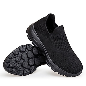 URLECHS Women's Elastic Knit Walking Shoes Breathable Mesh Lightweight Comfortable Slip On Loafers Soft Non-Slip Casual Sneakers (Black,8)