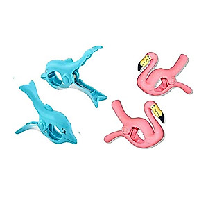 C&H Solutions 2 Pack Set Pair of Beach Towel Clips(Dolphin & Flamingo Style) Jumbo Size for Beach Chair, Cruise Beach Patio, Pool Accessories for Chairs, Household Clip, Baby Stroller.