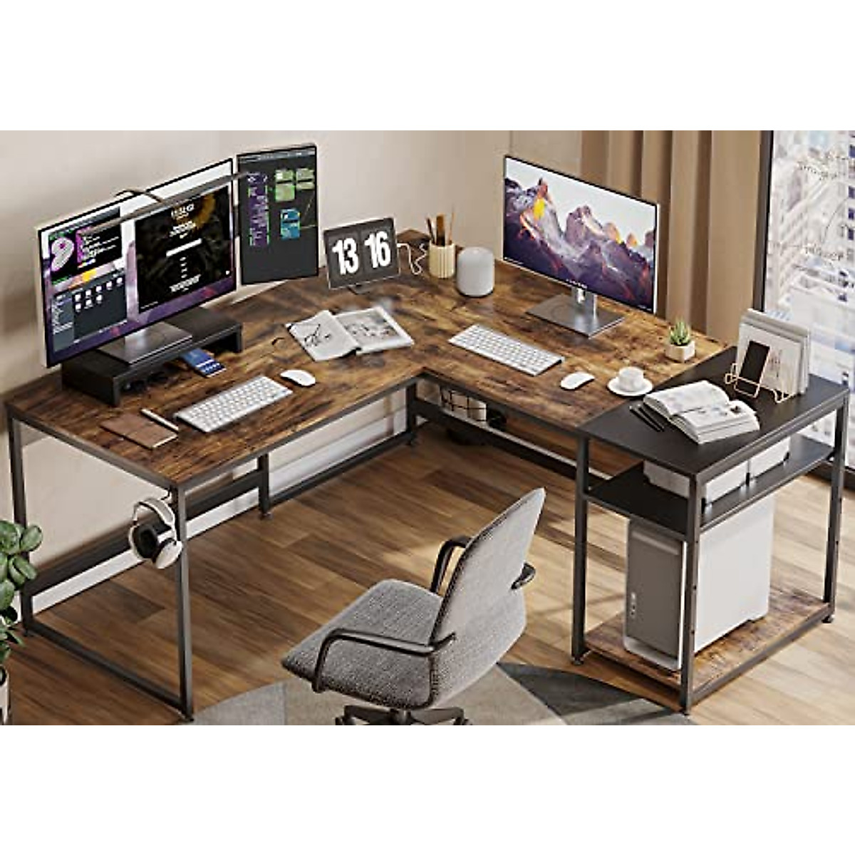 Bestier Industrial L Shaped Desk with Shelves 94.5 Inch Reversible Corner Computer Desk or 2 Person Long Table Office Writing Study Workstation with Monitor Stand and Headphone Hook, Rustic Brown