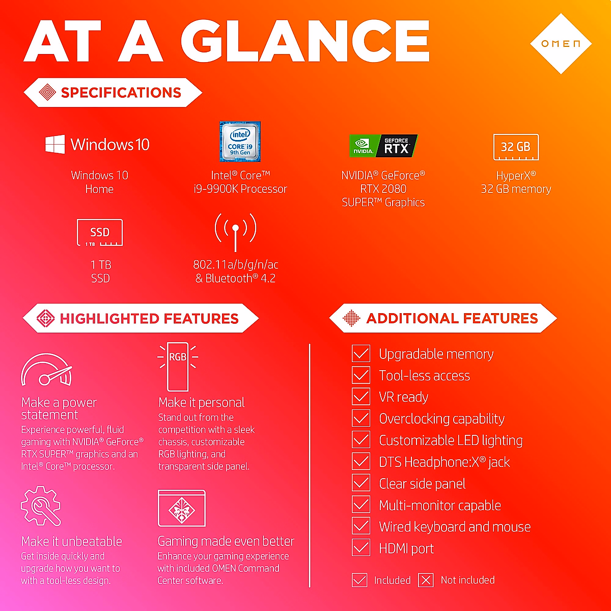 Omen by HP Obelisk Gaming Desktop Computer, 9th Generation Intel Core i9-9900K Processor, NVIDIA GeForce RTX 2080 SUPER 8 GB, HyperX 32 GB RAM, 1 TB SSD, VR Ready, Windows 10 Home (875-1023, Black)