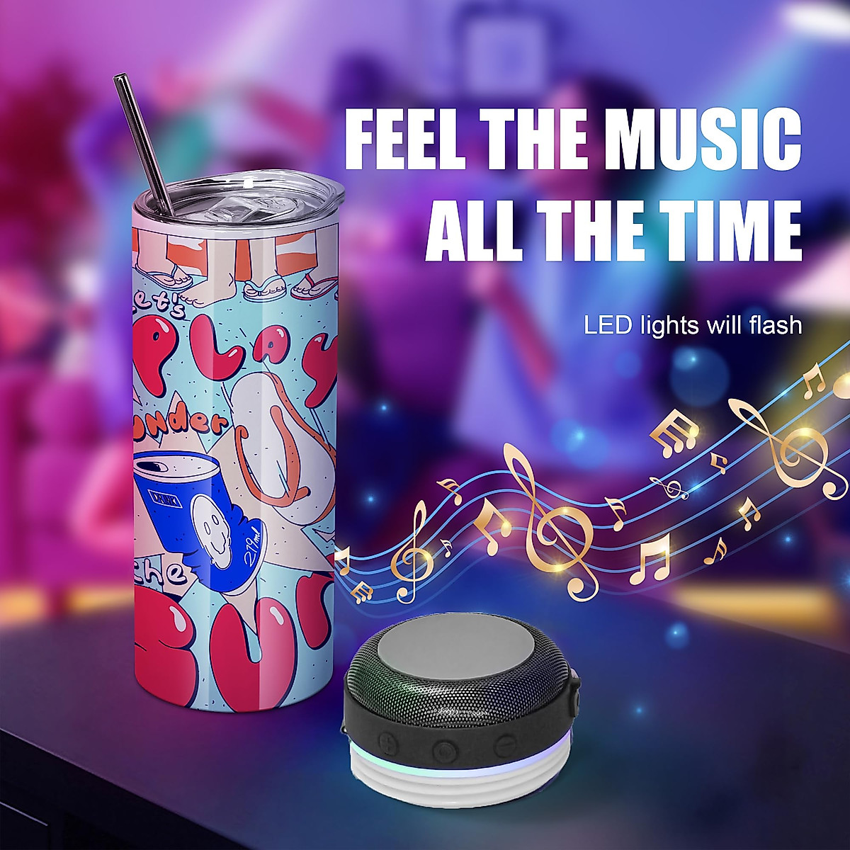 Icesip 12 Pack Music Speaker Tumbler, 20 oz Sublimation Tumbler Skinny Straight Double Wall Music Speaker Tumbler Cup with Straw Lid & USB Charging Cable Balck