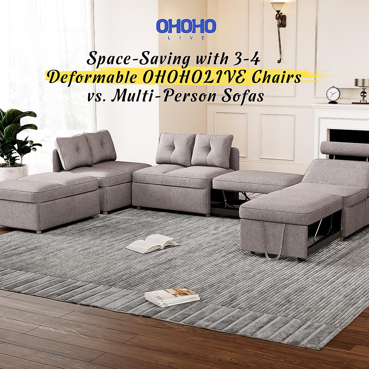 OHOHOLIVE Sleeper Sofa Bed 4-in-1 Convertible Couch, Linen Fabric Love seat Couch with 2 Throw Pillow, Single Recliner for Small Space with 5 Adjustable Angles Backrest