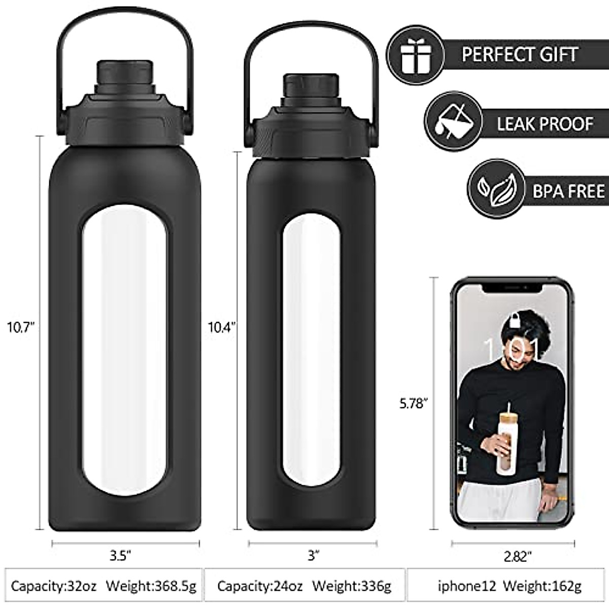 Kodrine Glass Water Bottles with Straw, 32 oz Water Bottle with 2 Lids - Handle Spout Lid & Bamboo Straw Lid, Motivational Water Bottle with Silicone Sleeve, Wide Mouth, Leakproof, BPA Free(Black)