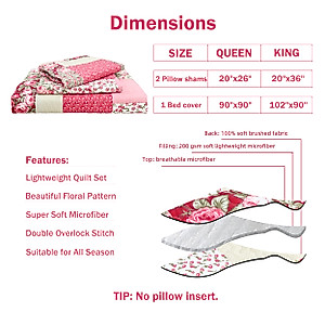 Cmfshape Summer Floral Queen Quilted Bedspread,Romantic Pink Quilt Set Full,Reversible Stitched Bedding Set All Season,Soft Lightweight Coverlet with Pillow Cases (Hot pink&Rose, Queen90 x90)