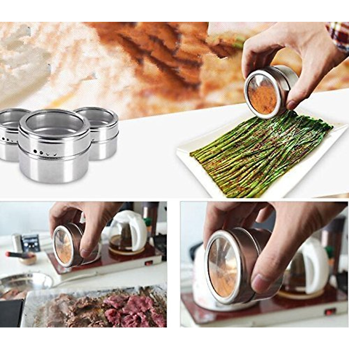 Bekith 20 Pack Magnetic Spice Tins Storage Spice Containers, Clear Top Lid with Sift or Pour, Magnetic on Refrigerator and Grill, 240 PVC Spice Label Set