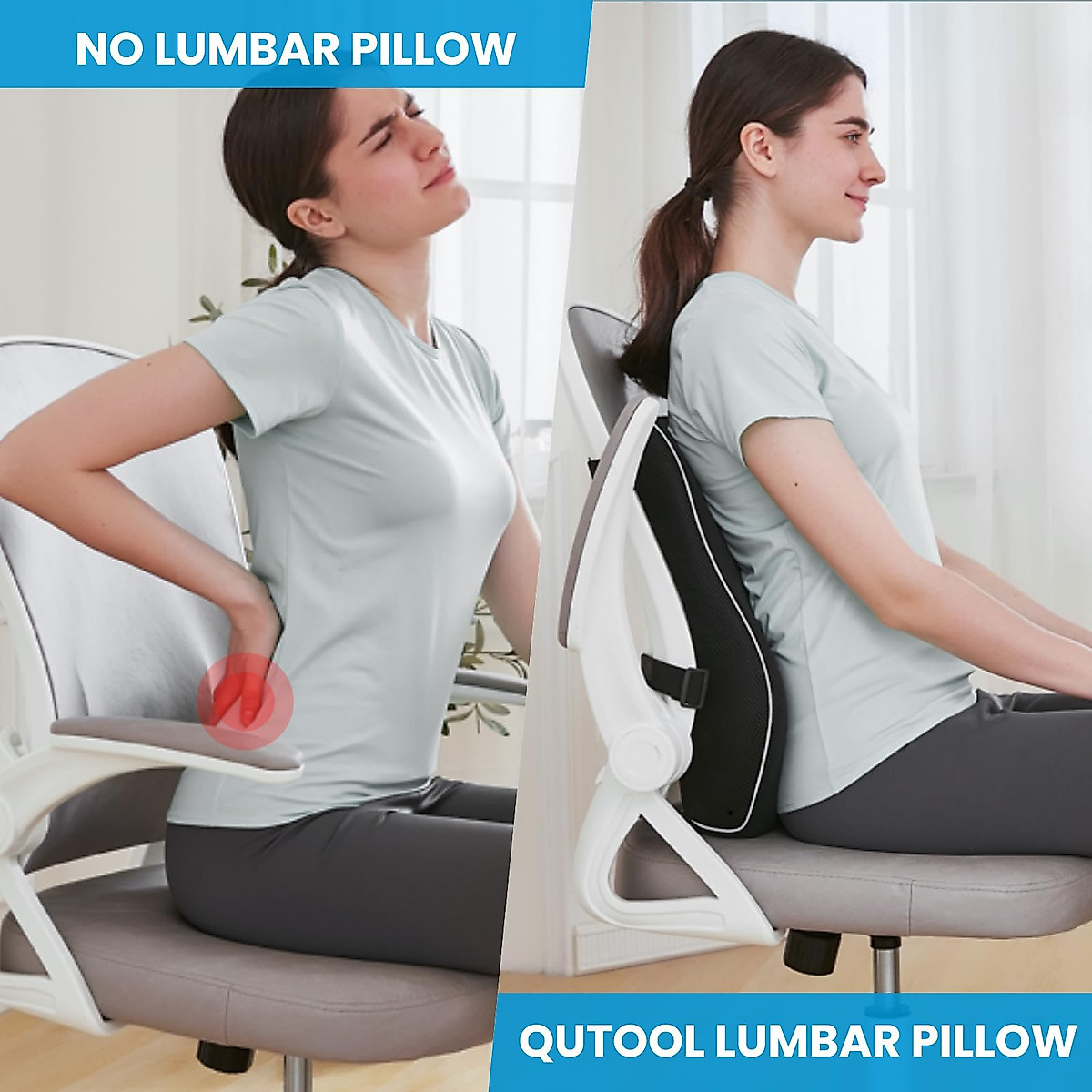 Lumbar Support Pillow for Office Chair Back Support Pillow for Car, Computer, Gaming Chair, Recliner Memory Foam Back Cushion for Back Pain Relief Improve Posture, Mesh Cover Double Adjustable Straps