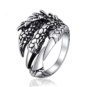 Dragon Claw Ring Silver Ouroboros Snake Serpent Cobra Game of Thrones GOT Medieval Steampunk Stainless Steel Leviathan Poseidon Coiled Dragon Sea Beach Mayan (Dragon Claw) (10)