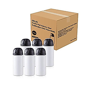 PYD Life Sublimation Blanks Kids Water Bottle 12 OZ White Straight Skinny Kids Tumbler Sippy Up Cup with Pop Black Lid for Tumbler Heat Press Machine Sublimation Print 6 Pack