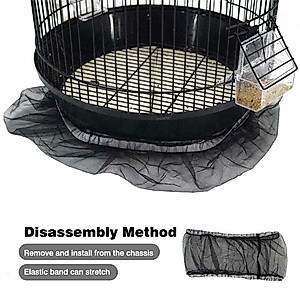 Universal Bird Cage Seed Catcher,Seed Catcher Guard Net Cover,Parrot Nylon Mesh Net Cover,Soft Airy Cage Net Stretchy Skirt for Round Square Cage Father'Day Gift(Circumference 40 inch to 63 inch，Black