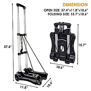 LOOVIU Hand Truck Portable Luggage Cart, Folding Lightweight Aluminum Portable Dolly with Mute Caster Wheel for Moving Travel and Office Use (Black)