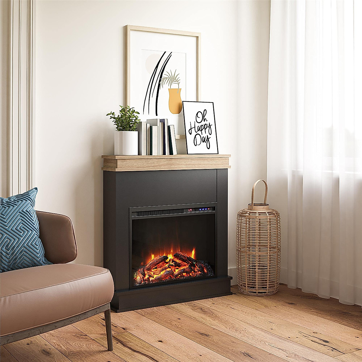 Ameriwood Home Mateo Fireplace with Mantel, Black with Natural Mantel