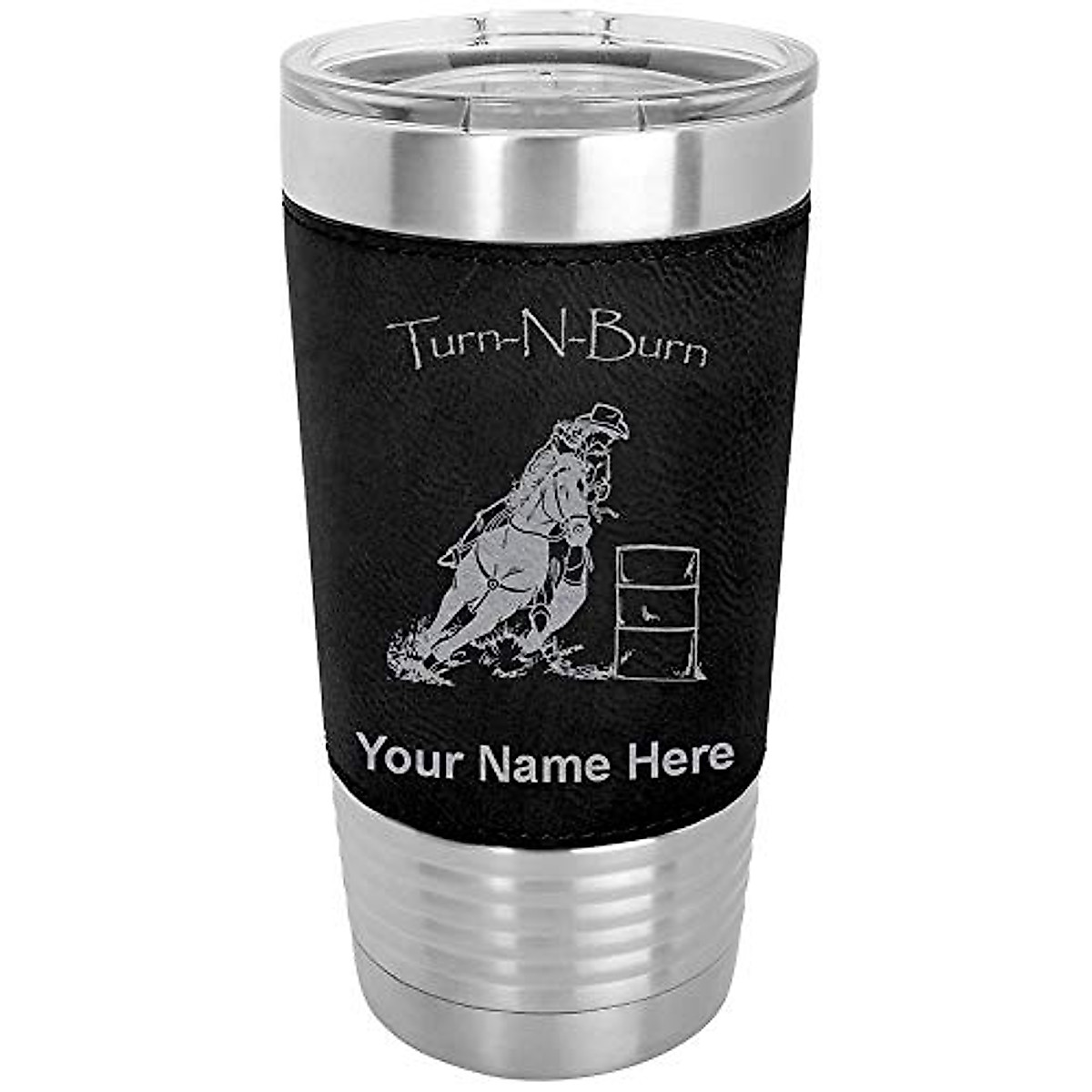 LaserGram 20oz Vacuum Insulated Tumbler Mug, Barrel Racer Turn N Burn, Personalized Engraving Included (Faux Leather, Black)