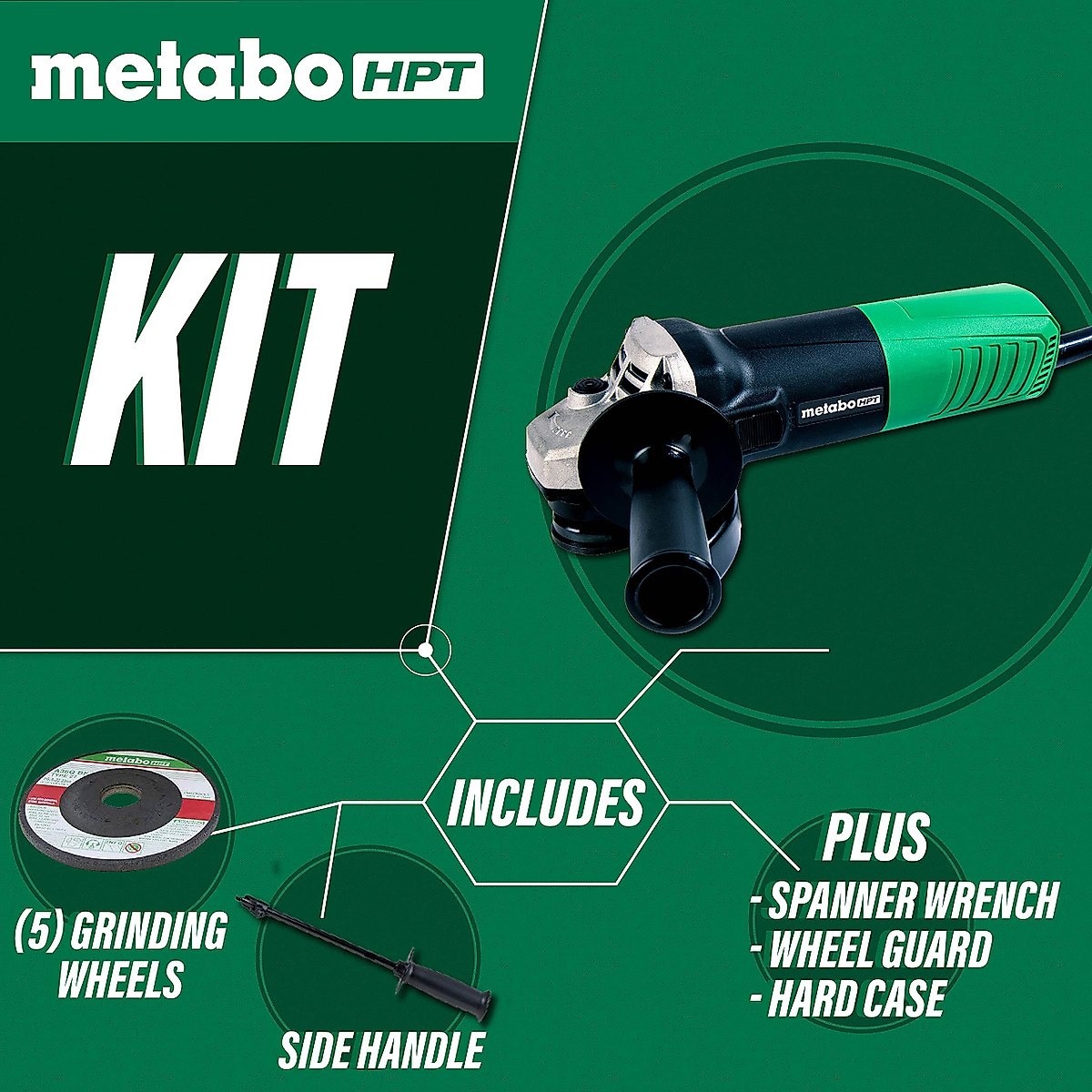 Metabo HPT Angle Grinder 4-1/2-Inch Includes 5 Grinding Wheels & Hard Case 6.2-Amp Motor Compact & Lightweight G12SR4