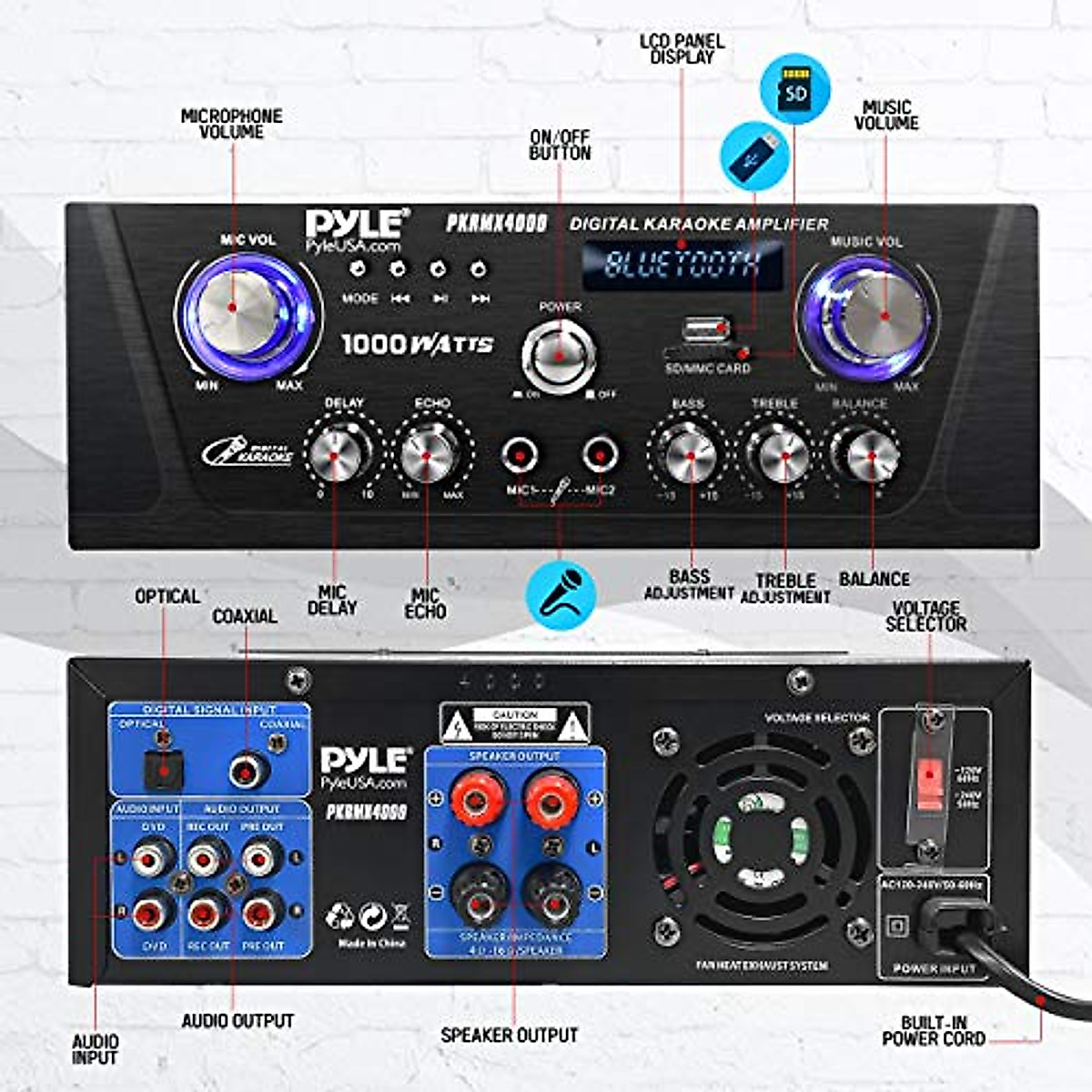 Pyle Bluetooth Digital Home Karaoke Amplifier - 600W Home Audio Desktop Power Amplifier Receiver w/LED Display, Cooling Fan, USB/SD Memory Card Reader, Optical/Coaxial, DVD/Mic Inputs -PKRMX4000