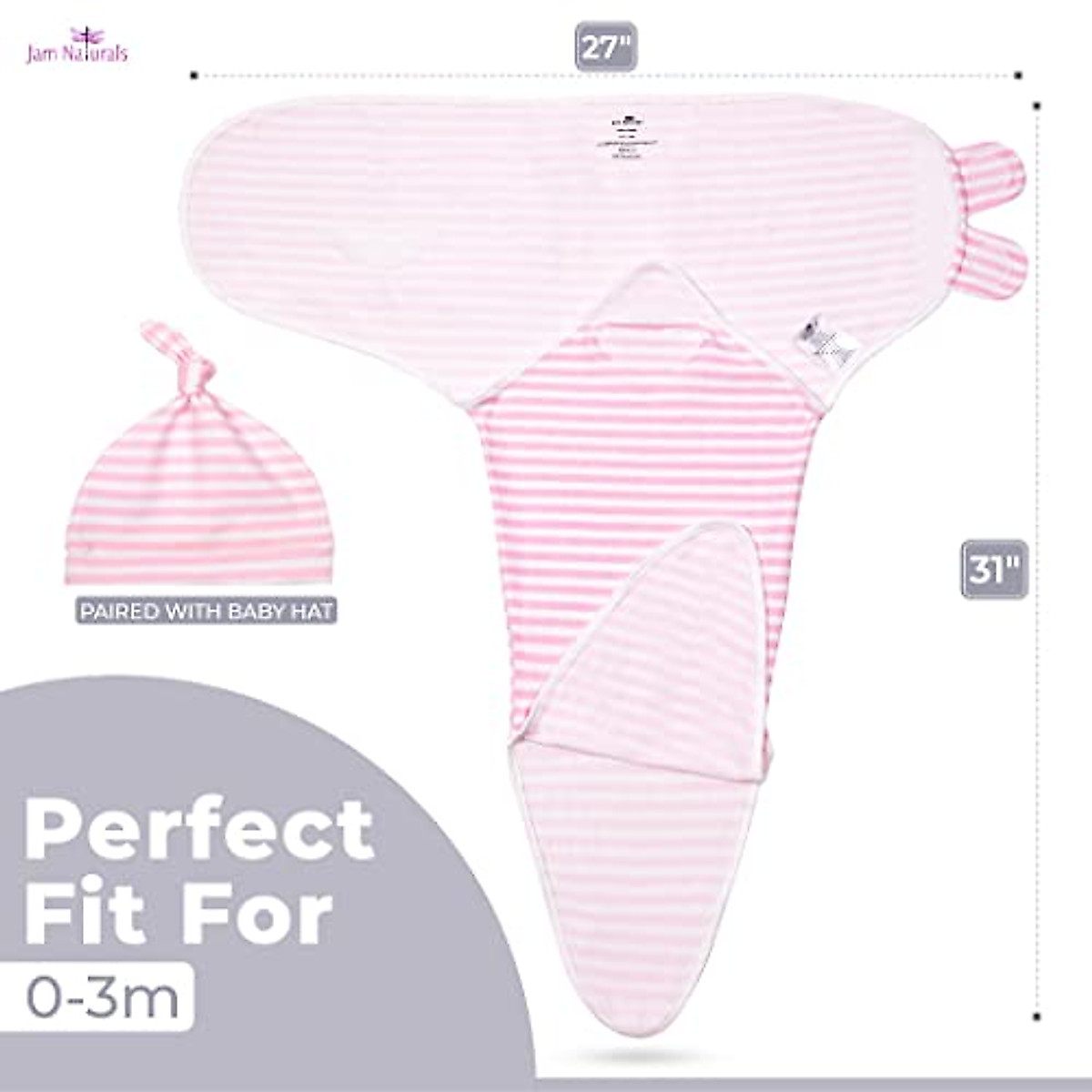 Jam Naturals- Organic Knotted Tie Bottom Adjustable Velcro Swaddle and Hat Set of 3, Newborn Sleep Sack (0-3m, 7-14lbs Pink)