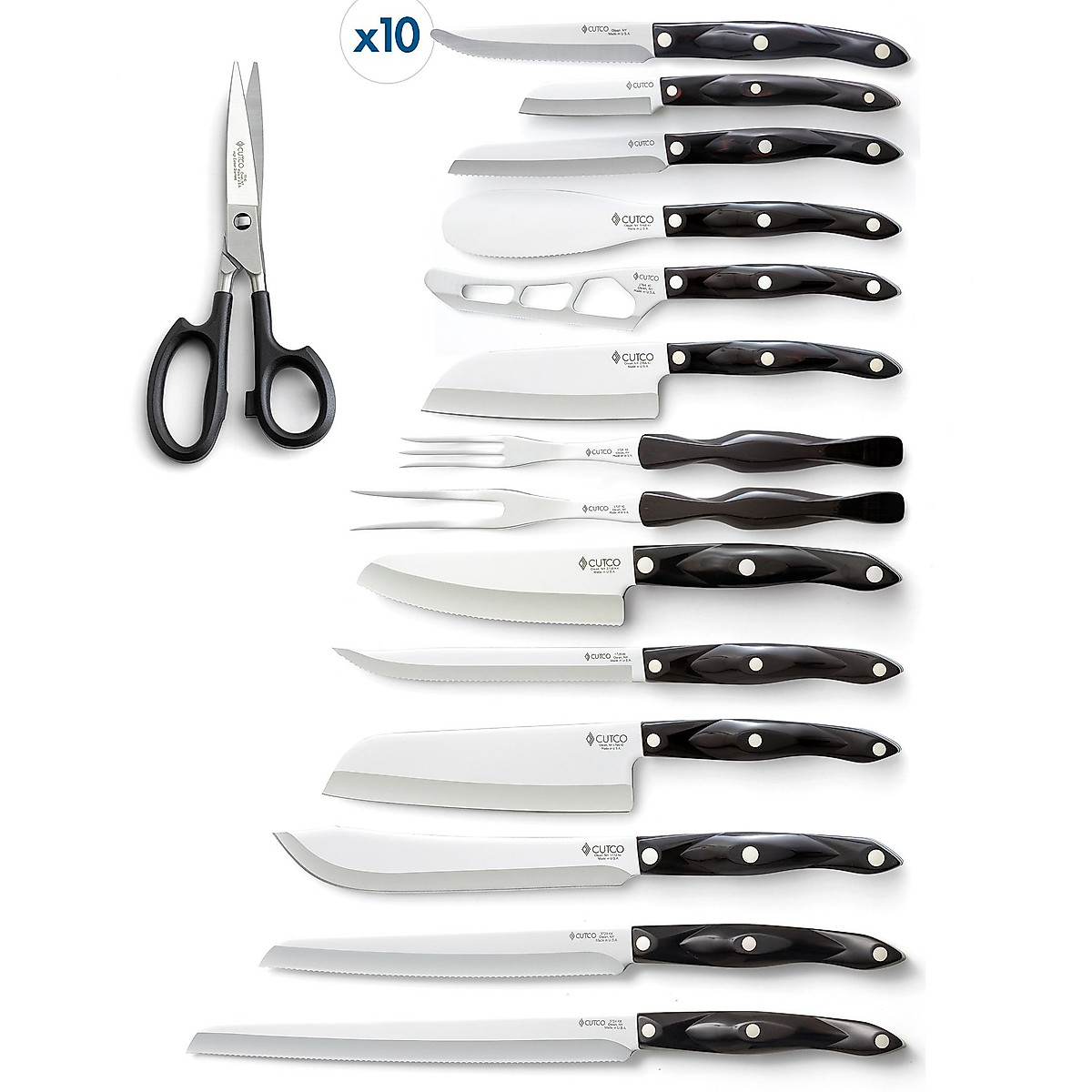 CUTCO Model 6014 Santoku Signature Set with Steak Knives............23 High Carbon Stainless knives & forks (including 10 #2159 Steak Knives) with Classic Dark Brown handles (often called "Black") in factory-sealed plastic bags...........#1652 Honey Oak k