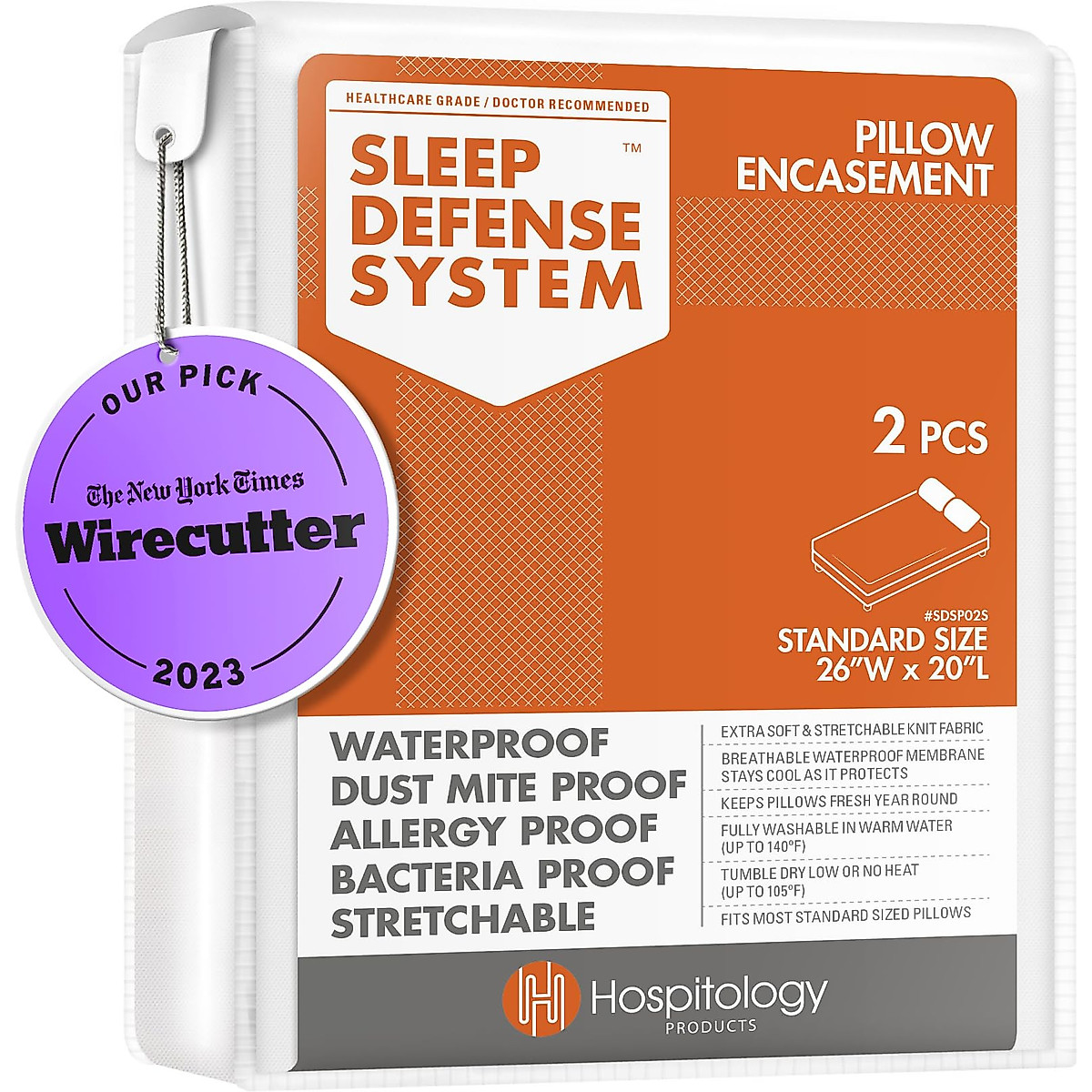 HOSPITOLOGY PRODUCTS Pillow Encasement- Zippered Bed Bug Dust Mite Proof Hypoallergenic - Sleep Defense System - Standard - Waterproof - Set of 2-20" H x 26" W