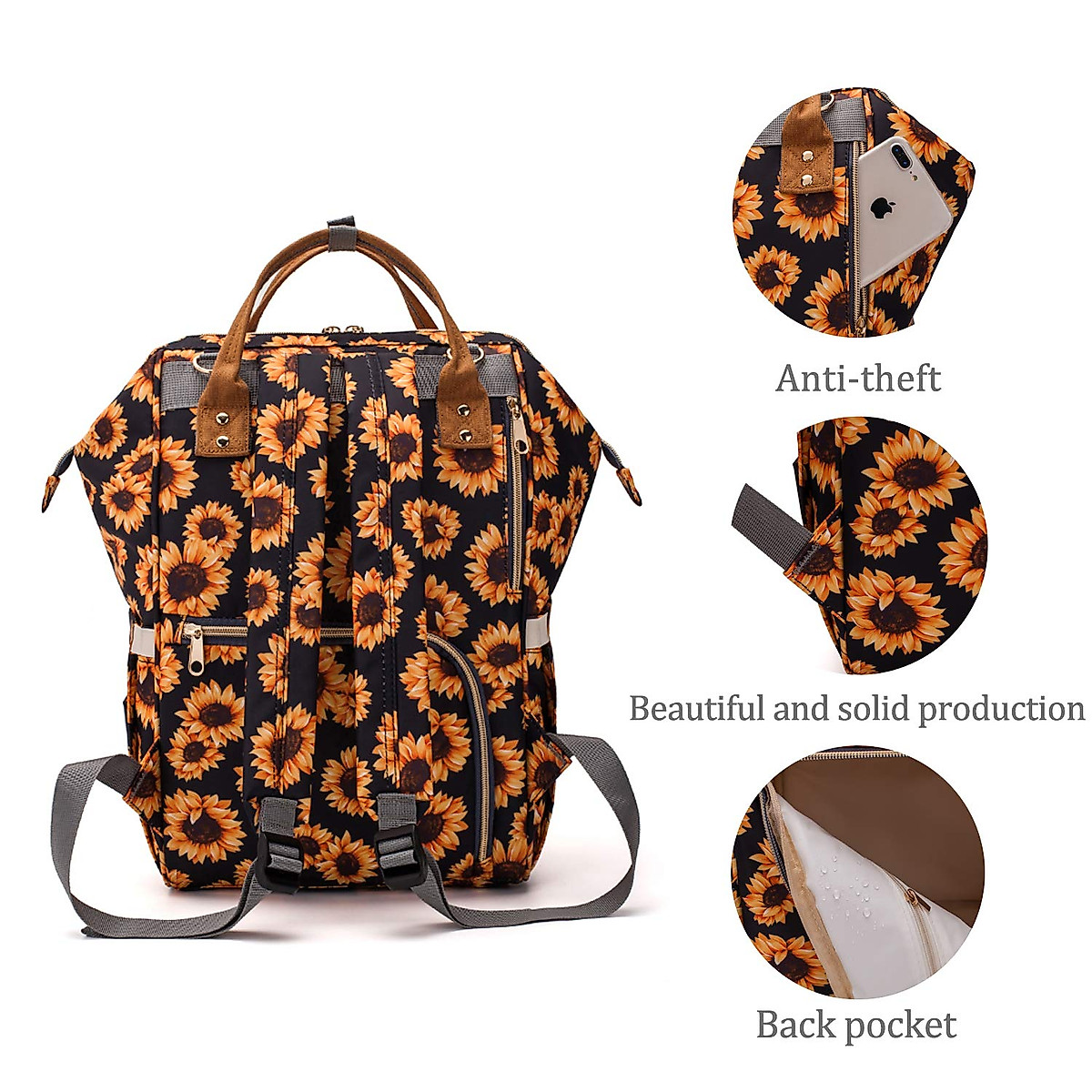 LEQUEEN Diaper Bag Backpack Waterproof Stylish Multifunction Large Capacity Travel Back Pack Maternity Baby Nappy Bags (Flora, Black)