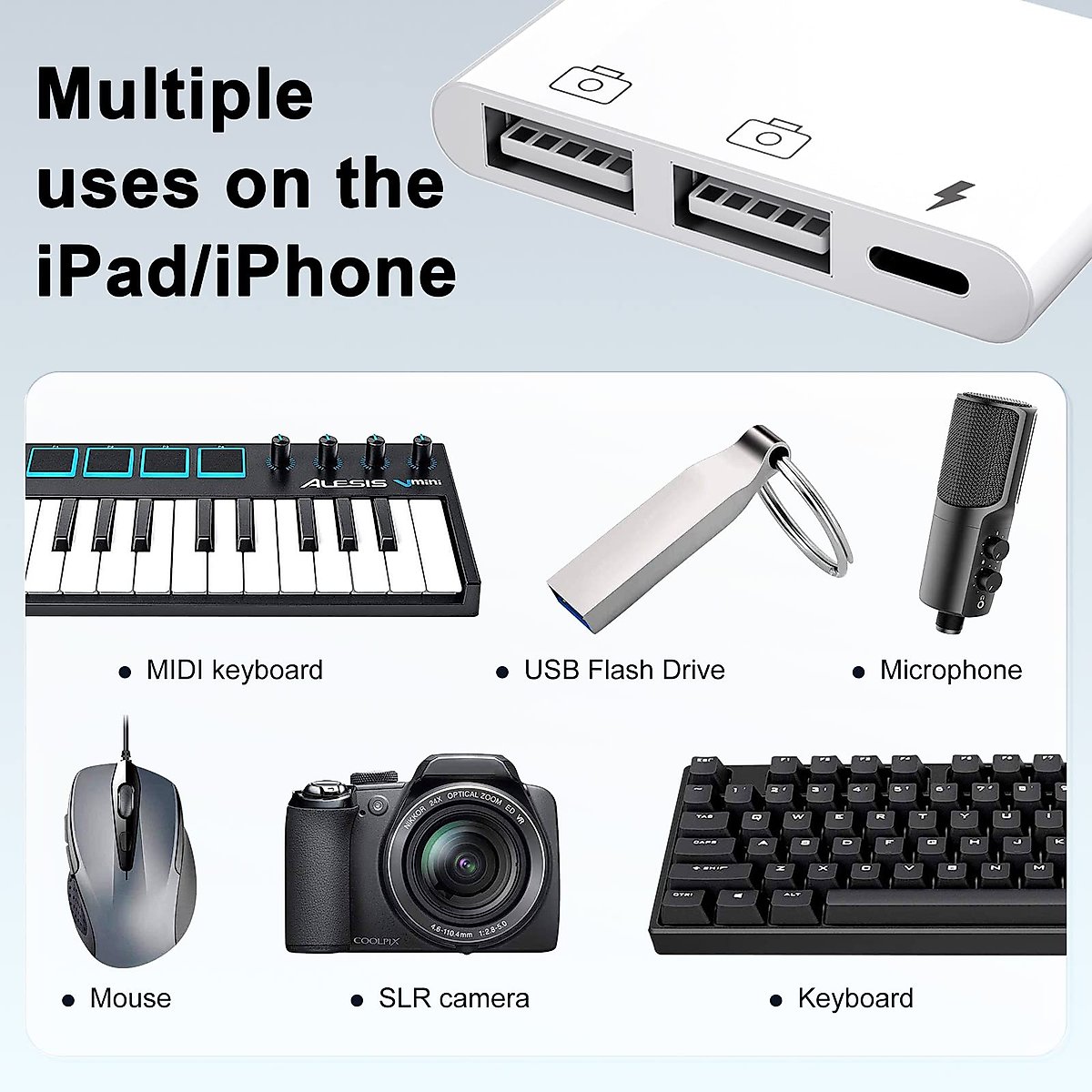 AMLLEN iPad to USB Adapter, USB for iPad, iPhone to USB Adapter Compatible iPhone/iPad,Plug N Play,Compatible with USB Flash Drive.Support iOS 16.