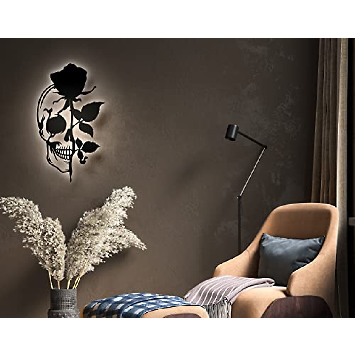 Skull With Rose Metal Wall Art With LED Lights, Flower Skull Signs, Sugar Skull, Skeleton Decor, Halloween Gothic Decor, Skull Roses Decor