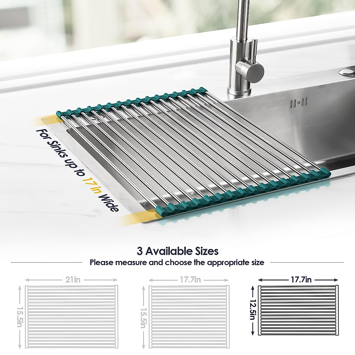 Tomorotec Stainless Steel Roll Up Dish Drying Rack, Foldable Over The Sink Rolling Drainer Rack, Multipurpose Kitchen Gadget Draining Caddy Organizer, Space Saving Sink Accessory Storage Shelf Holder