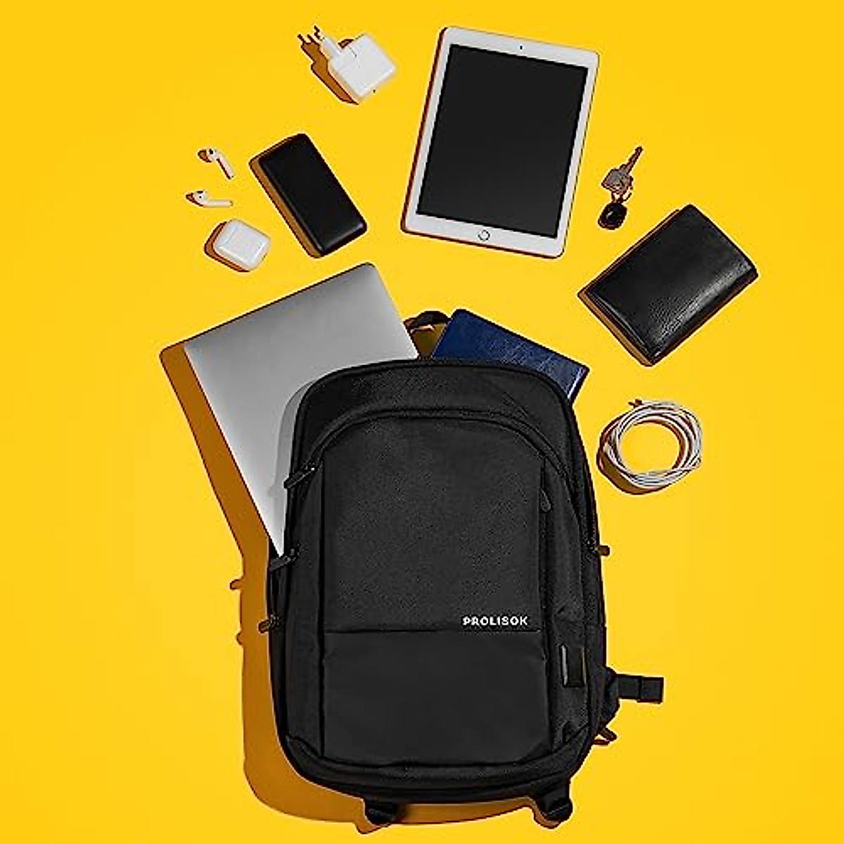 PROLISOK Laptop Backpack – Slim & Expandable for 15.6-16 inch Computer – Water Resistant & Lightweight Bag with USB Type-C Charging – Casual Black Backpack for Travel, Business, Office