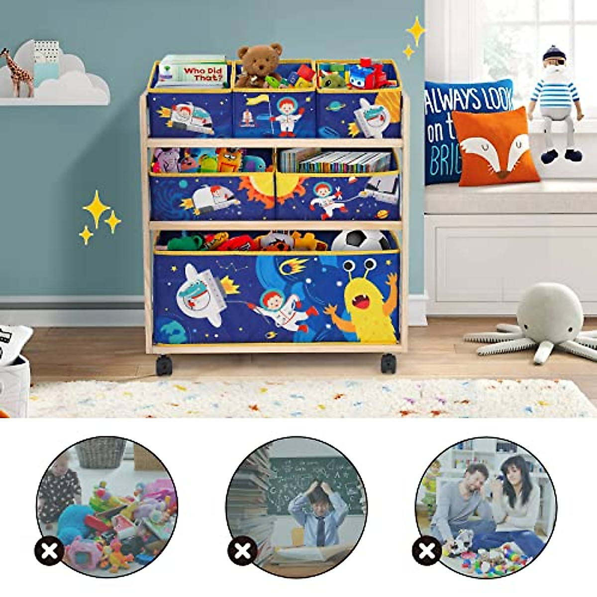 Kids Toy Storage Organizer with 6 Oxford Cloth Bins and 4 Wheels,Wooden Children Storage Rack,Extra Large Capacity Bookshelf Bookcase Display Stands Shelf Multi Cabinet for Books Toys