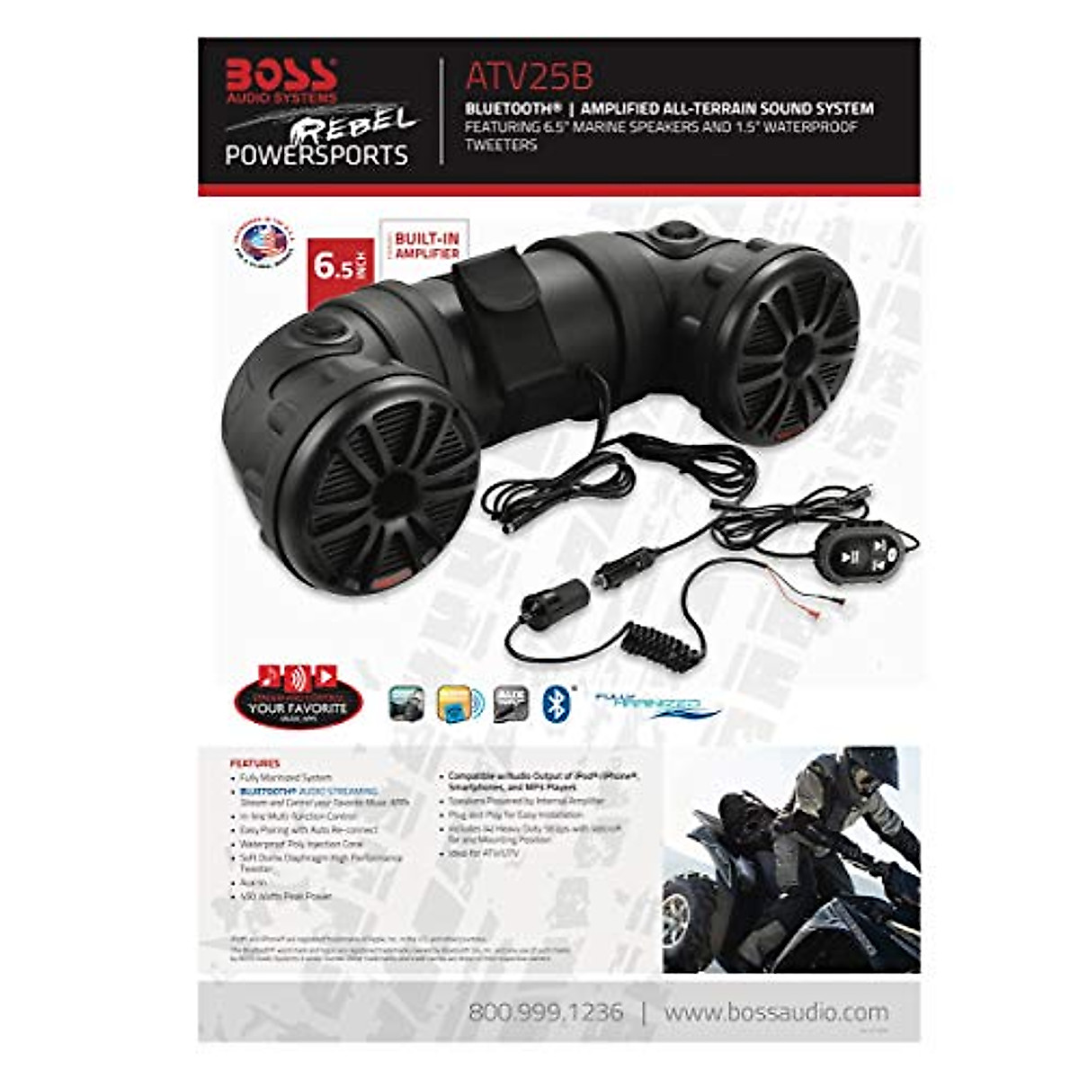 Boss Audio Systems ATV25B ATV UTV Waterproof Sound System - 6.5 Inch Speakers, 1 Inch Tweeters, Built-in Amplifier, Bluetooth Remote, Easy Installation for 12 Volt Vehicles