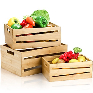 AVLA 3 Pack Bamboo Storage Crates, Nesting Decorative Storage Organizer Box, Vintage Container Bin with Handles, Countertop Baskets Display Risers for Home, Kitchen Pantry Cabinet, Shelf, Counter