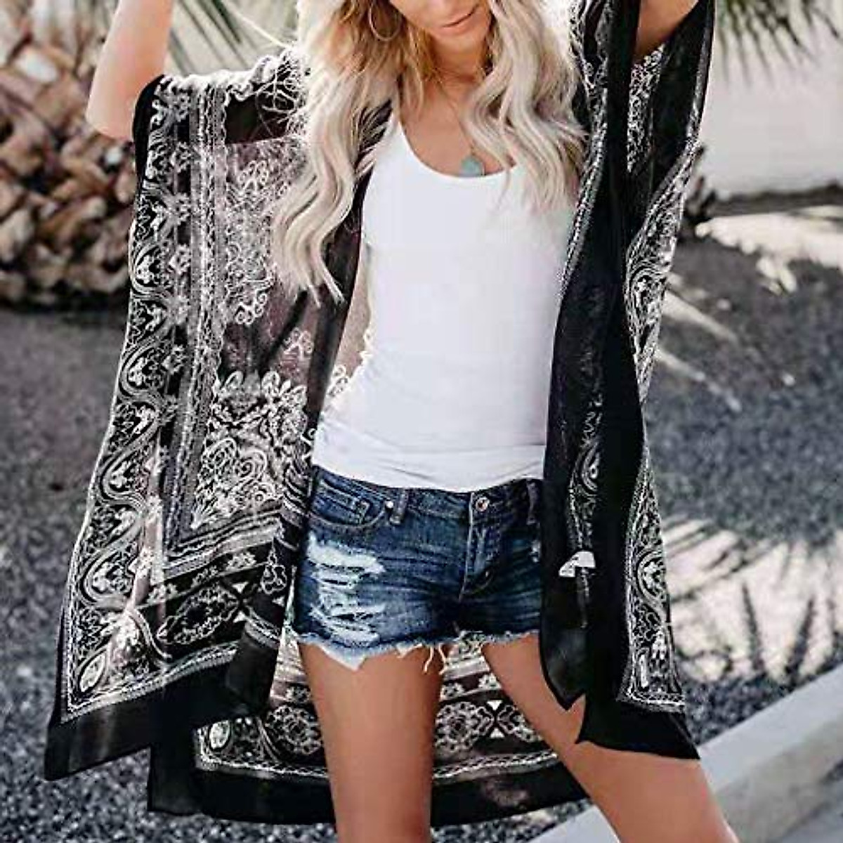 Sunyastor Women's Sheer Chiffon Floral Kimono Cardigan Long Blouse Loose Tops Outwear Short Sleeve Summer Cover ups