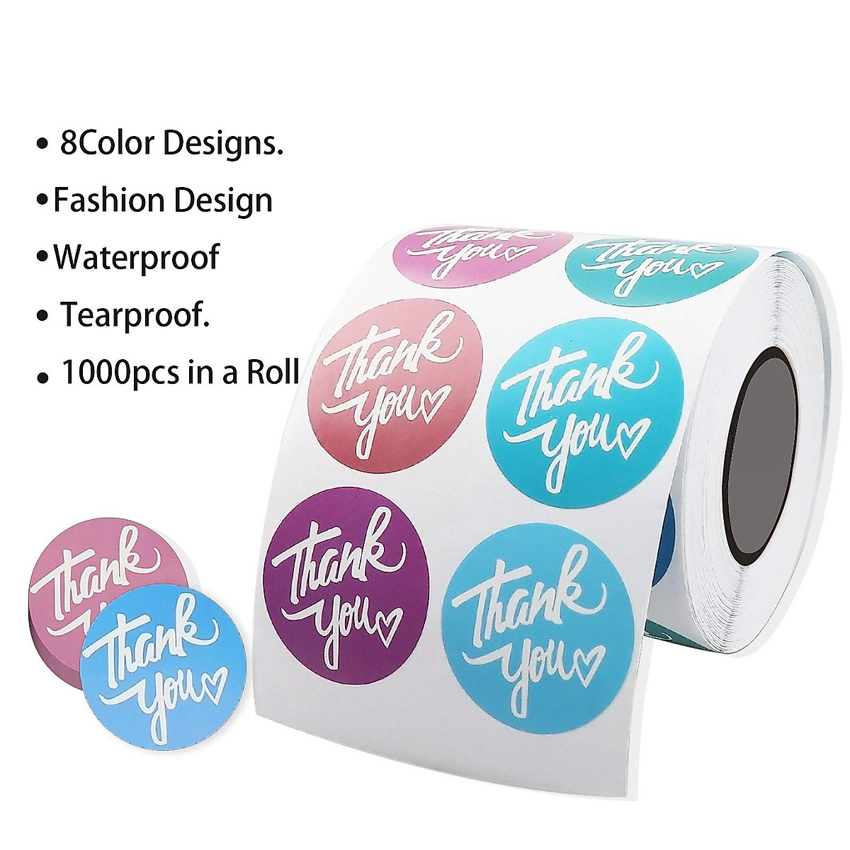 Dreecy 1.5 Inch Thank You Stickers, 1000 Pcs/roll Thank You Labels for Small Business, Packaging, Greeting Cards, Flower Bouquets, Mailer Seal Stickers, Candy Bags, Envelopes and Gift Wraps, 8 Colors