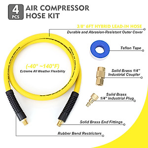 FYPower Air Compressor Whip Hose 3/8 Inch x 6 Feet Lead in Hybrid Hose with Fittings, Flexible and Kink Resistant, 1/4" Industrial Quick Coupler and Plug Kit - Yellow